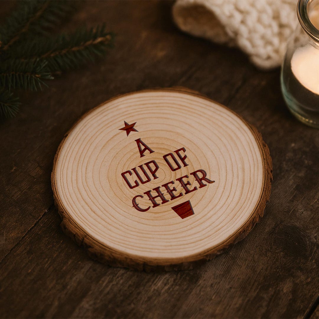 A Cup of Cheer Wooden Log Coaster | Seasonal Christmas Table Decor ...