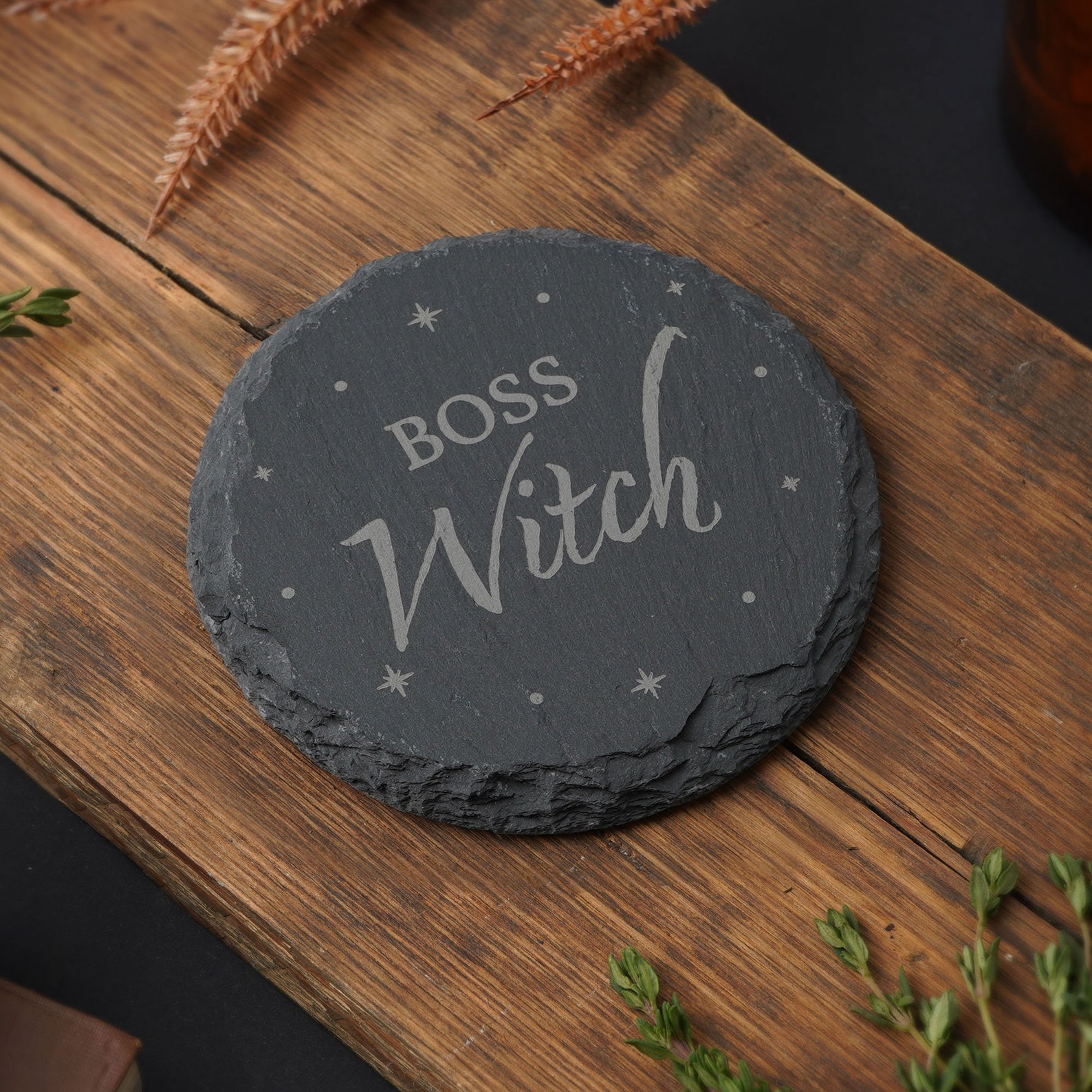 Set of 4 | Halloween 'boss Witch' Round Slate Coaster in Gift Box - Etsy