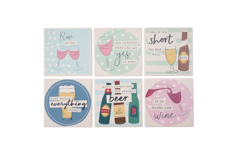 Set of 6 Square Wine & Beer Themed Ceramic Coasters - Etsy
