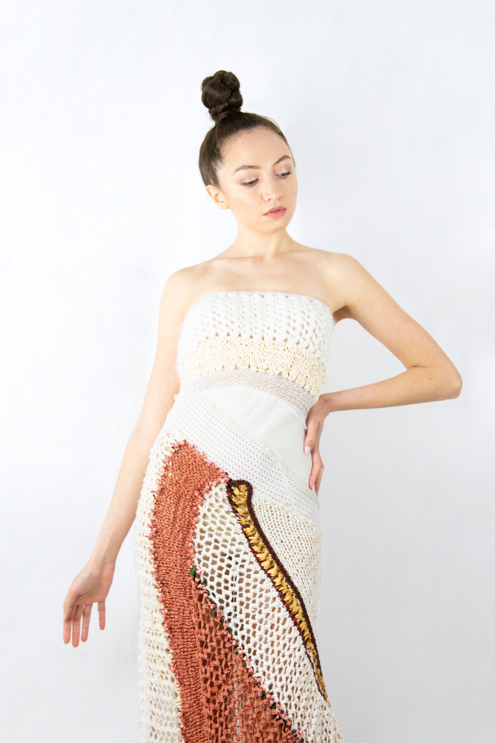 White Crochet Patchwork Dress, White Knit Dress, Beige Knit Dress ...
