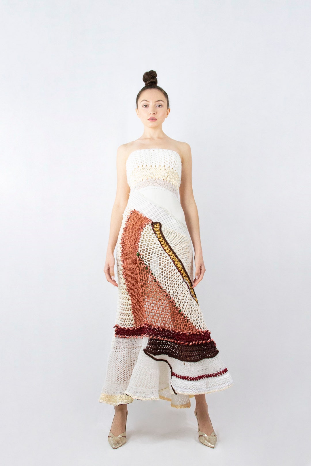 White Crochet Patchwork Dress, White Knit Dress, Beige Knit Dress ...
