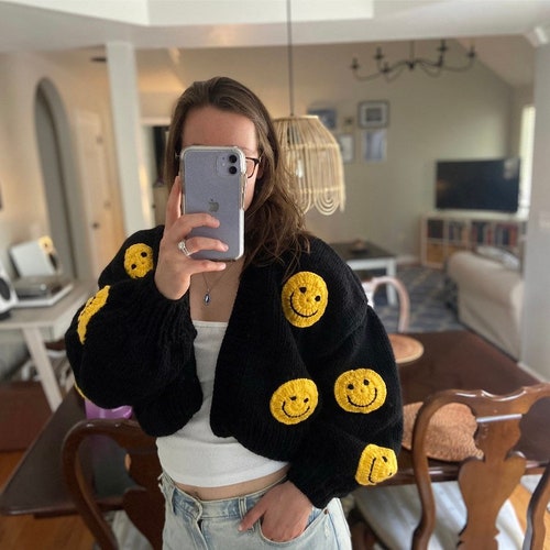 Cardigan for Women Handmade Smiley Sweaterhappy Face Black - Etsy