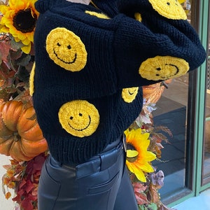 Cardigan for Women, Handmade Smiley Sweater,happy Face Black Cardigan ...