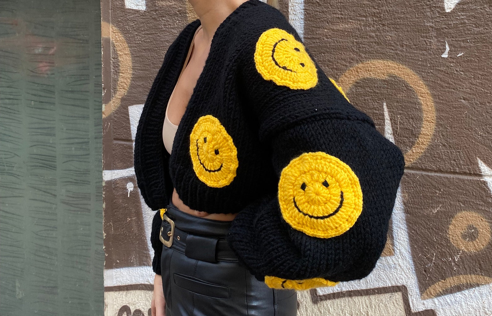 Cardigan for Women Handmade Smiley Sweaterhappy Face Black - Etsy