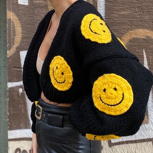 Cardigan for Women, Handmade Smiley Sweater,happy Face Black Cardigan ...