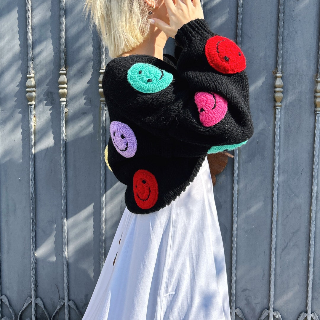 Cardigan for Women Emoji,handmade Colored Smiley Sweater,happy Face ...