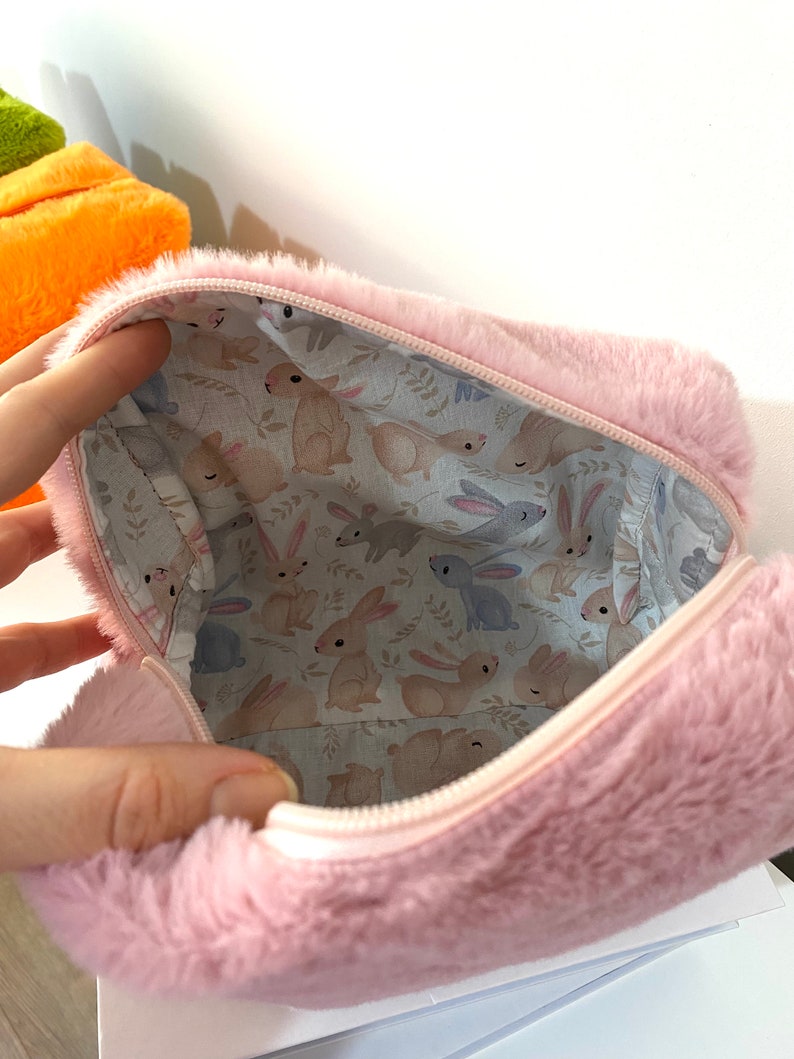 Pink Fluffy Makeup Bag, Rabbit Punch Needle Cosmetic Bag Pouch, Faux ...