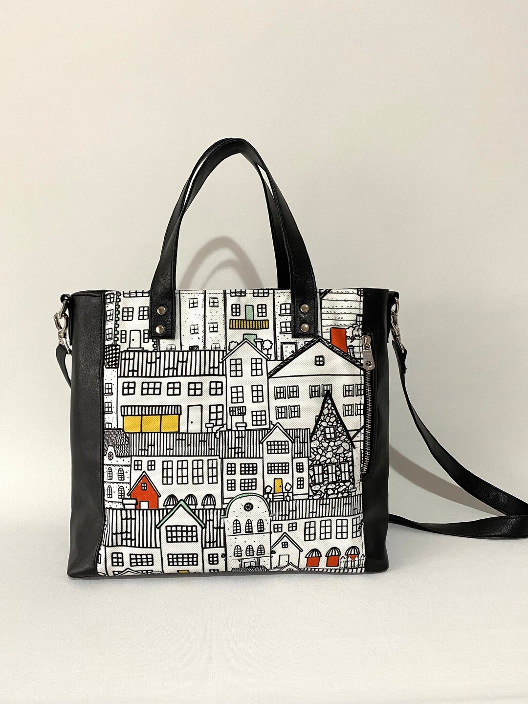 Colorful City Tote Bag, Cityscape Vegan Leather Urban Art Purse, Black ...