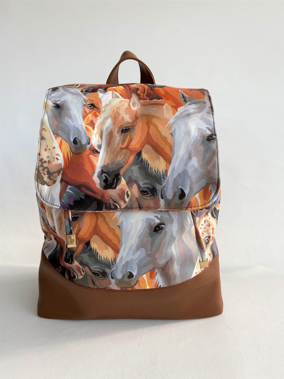 Horse Patterned Light Brown Backpack, Washable and Comfortable Traveler ...