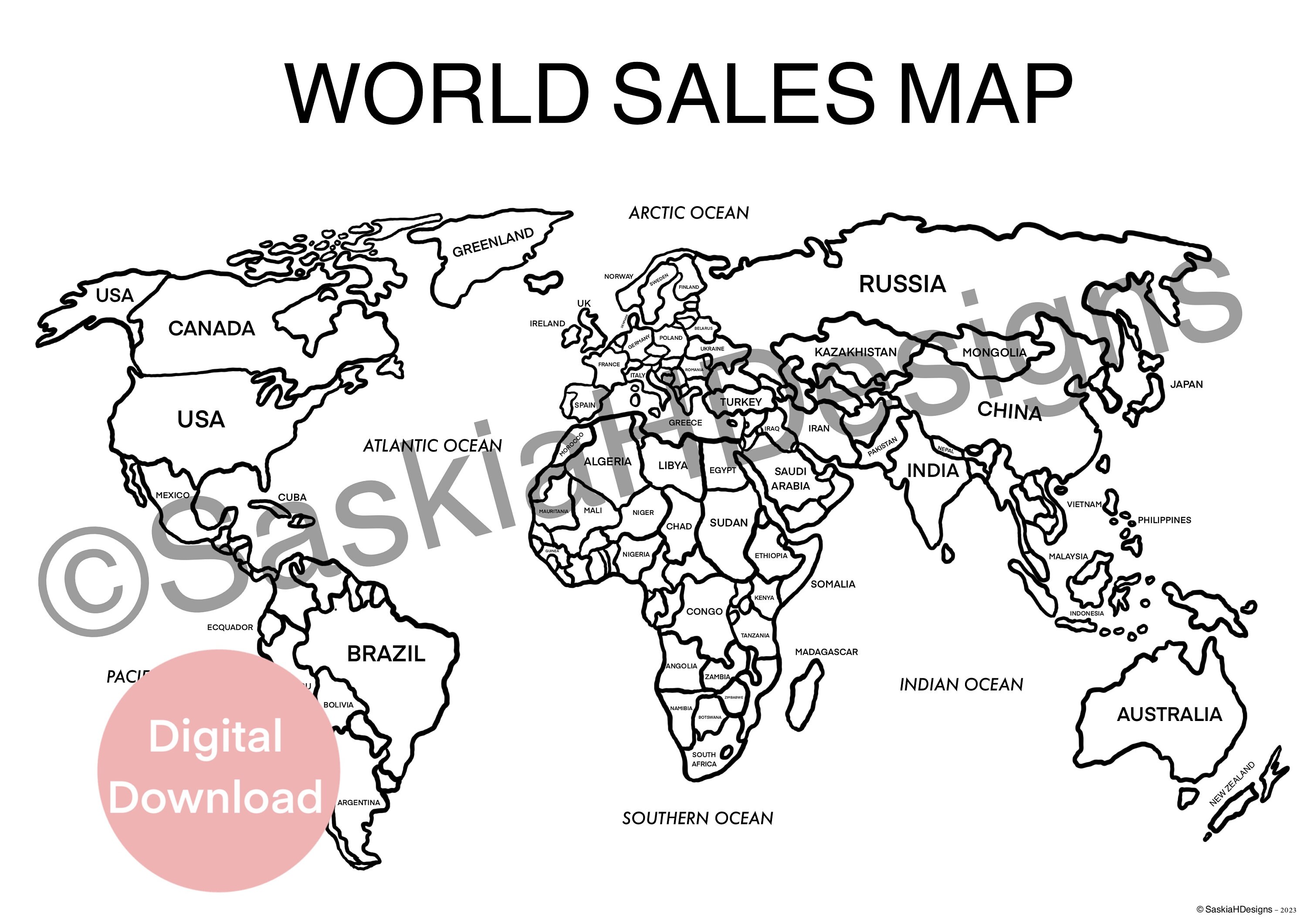 WORLD Sales Map DIGITAL DOWNLOAD, Small Business Tracker, Sales Tracker ...