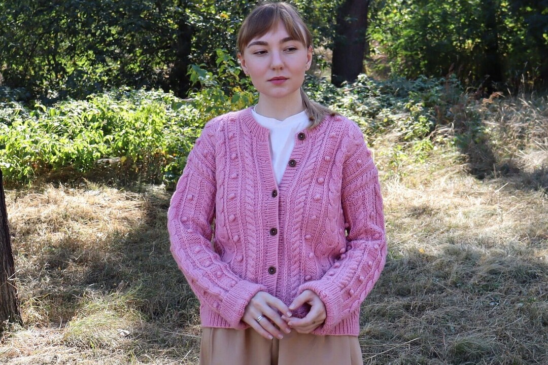 Cable Hand Knitted Wool Chunky Pink Cardigan, Oversize Women Bubble ...