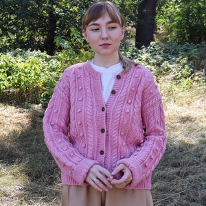 Cable Hand Knitted Wool Chunky Pink Cardigan, Oversize Women Bubble ...