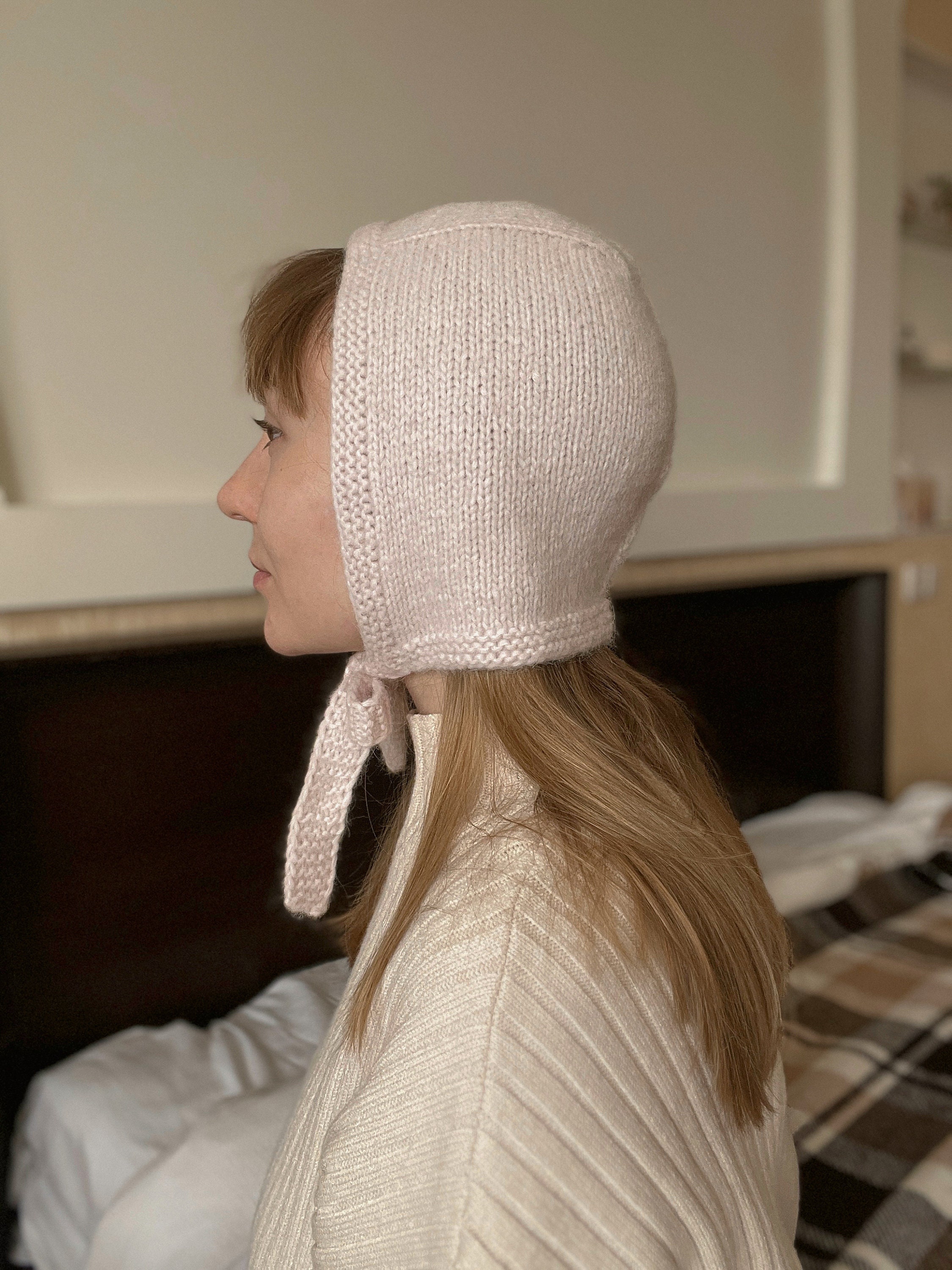 Knit Fluffy Adult Bonnet, Alpaca Wool Ear Flap Hat, Feminine Vintage ...