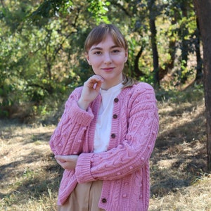 Cable Hand Knitted Wool Chunky Pink Cardigan, Oversize Women Bubble ...