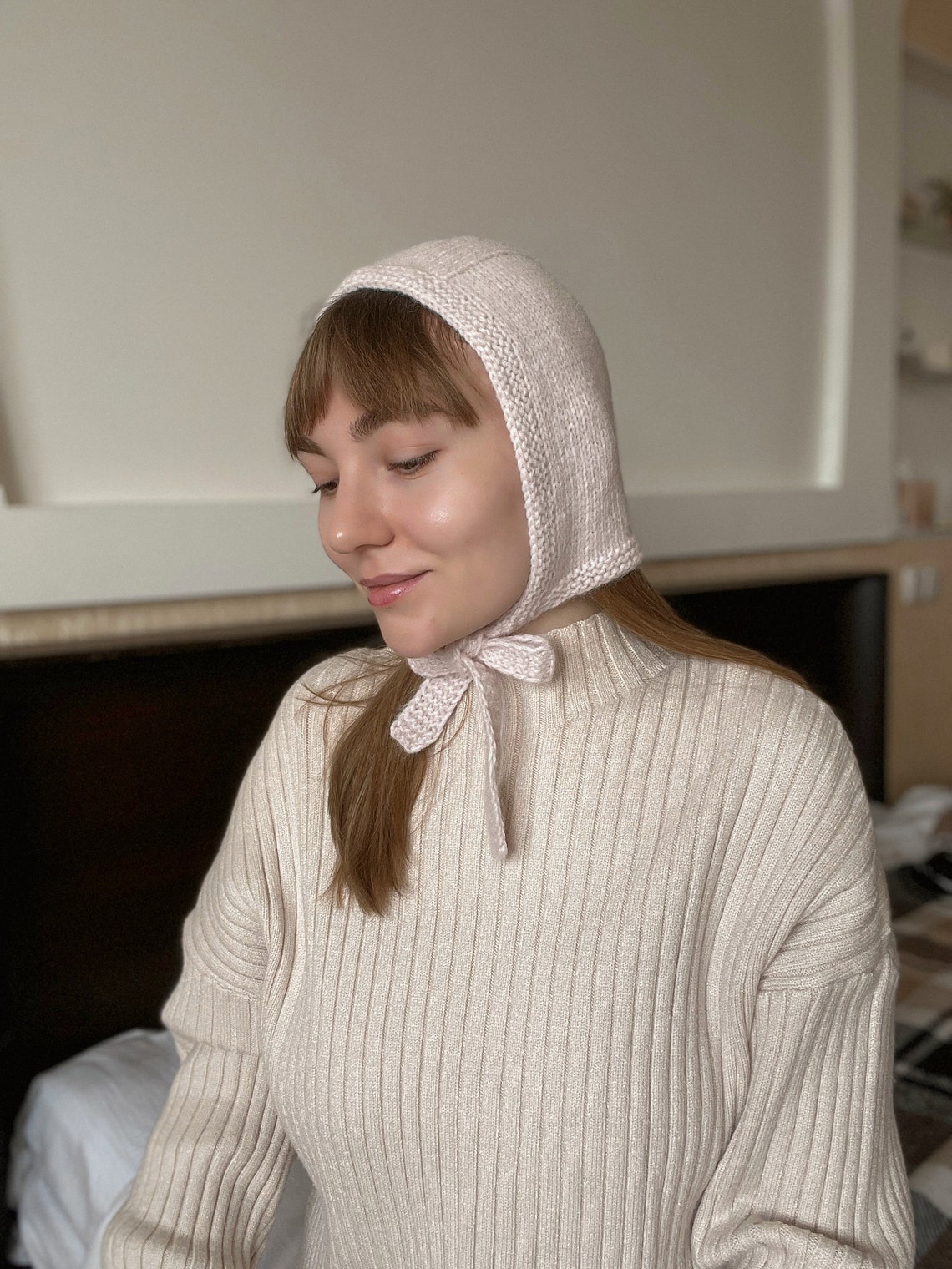 Knit Fluffy Adult Bonnet, Alpaca Wool Ear Flap Hat, Feminine Vintage ...