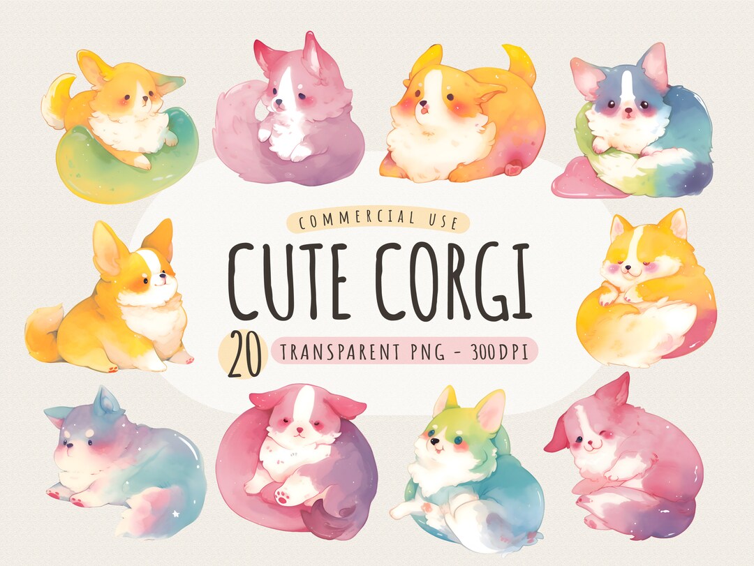 20 Cute Corgi Dog Cilpart,dog Watercolor Clipart PNG Bundle,corgi ...