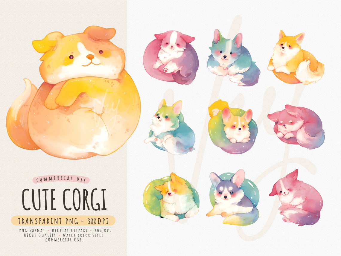 20 Cute Corgi Dog Cilpart,dog Watercolor Clipart PNG Bundle,corgi ...