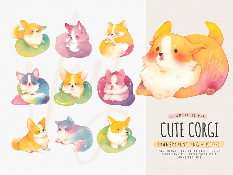 20 Cute Corgi Dog Cilpart,dog Watercolor Clipart PNG Bundle,corgi ...