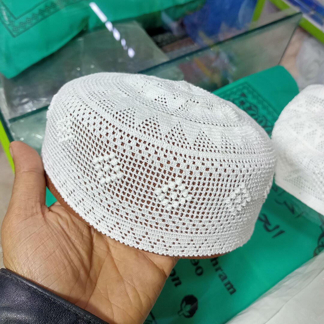 White Knitted Hand Made Men Skull Cap Gift for Muslim Islamic Prayer ...