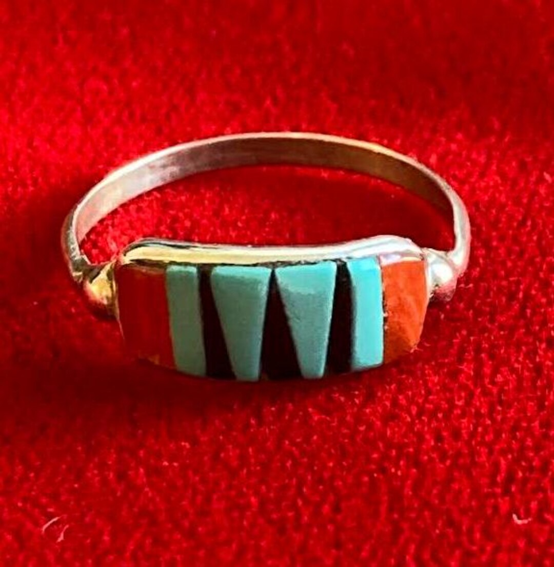 Zuni Turquoise, Coral, Jet Ring - Etsy