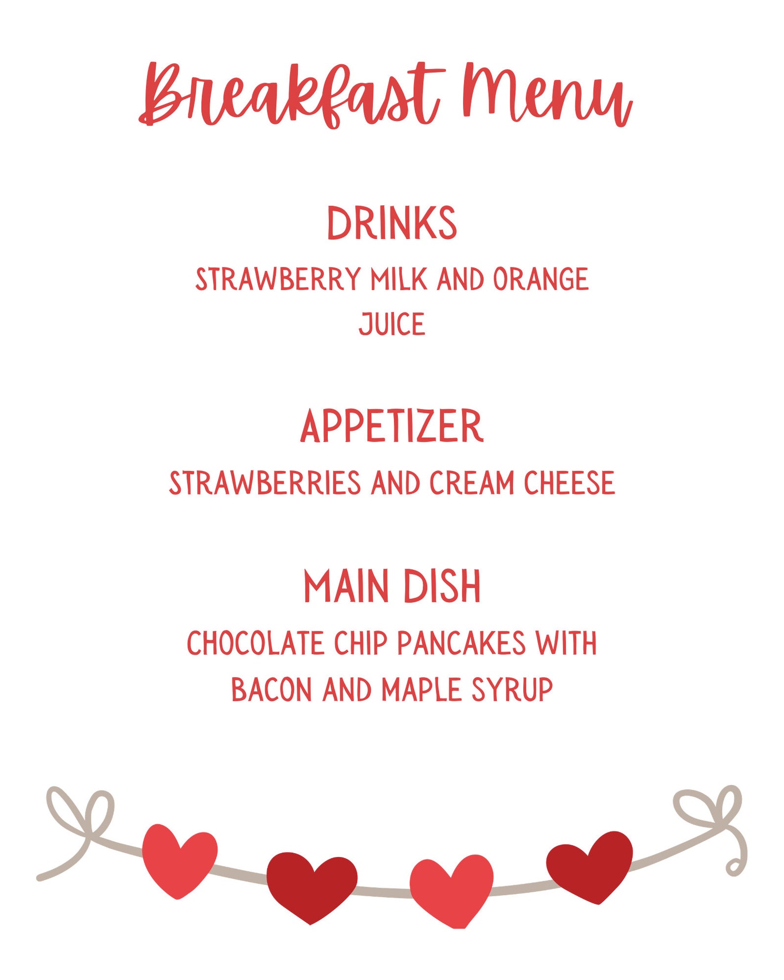Valentine's Day Breakfast Menu Instant Download | Etsy