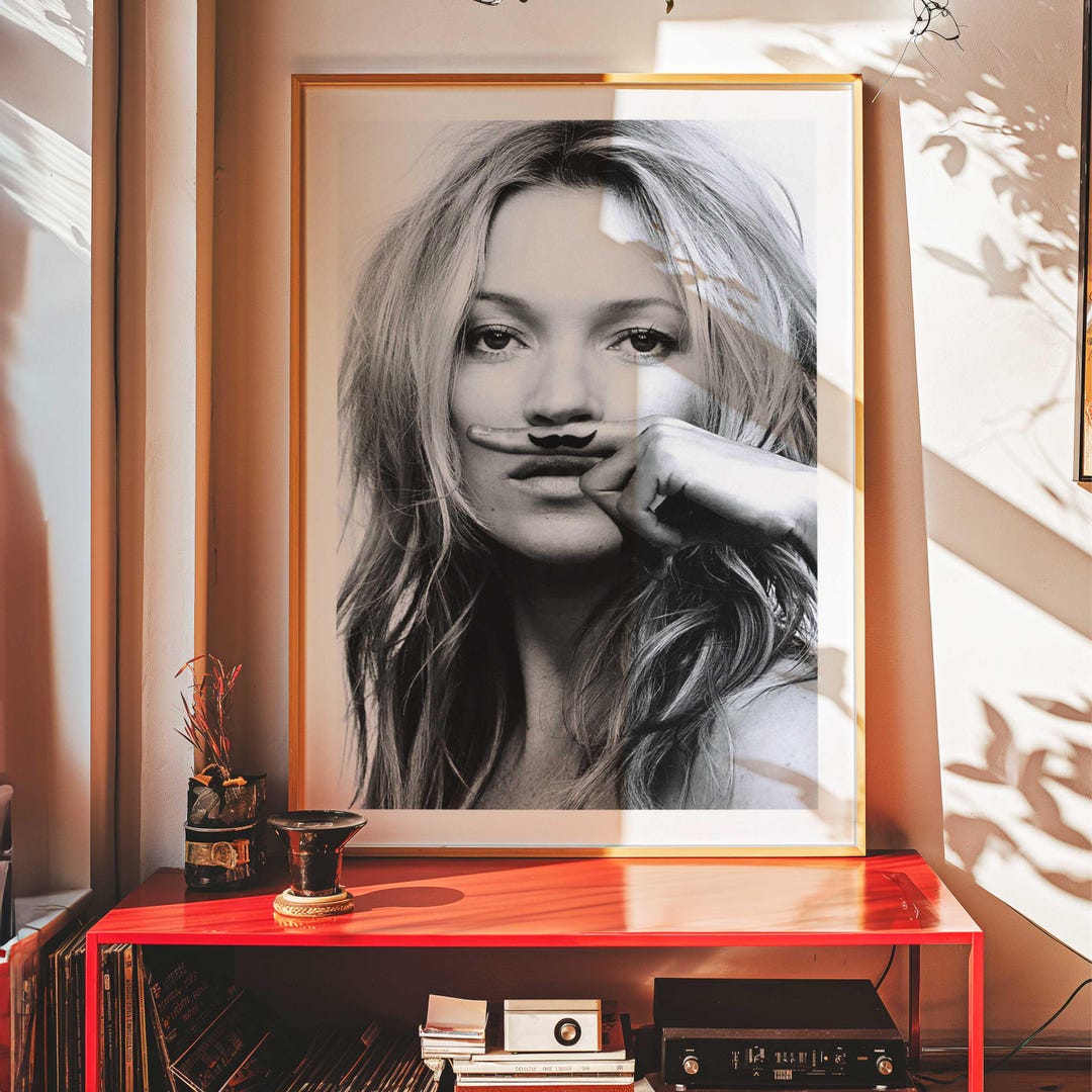 Black and White Kate Moss With Mustache Portrait Modern Minimalist Wall ...