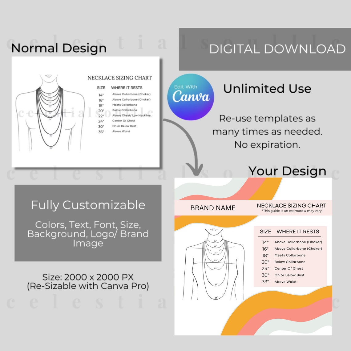 Retro Necklace Size Chart Template Canva Editable Jewelry Size Guide ...