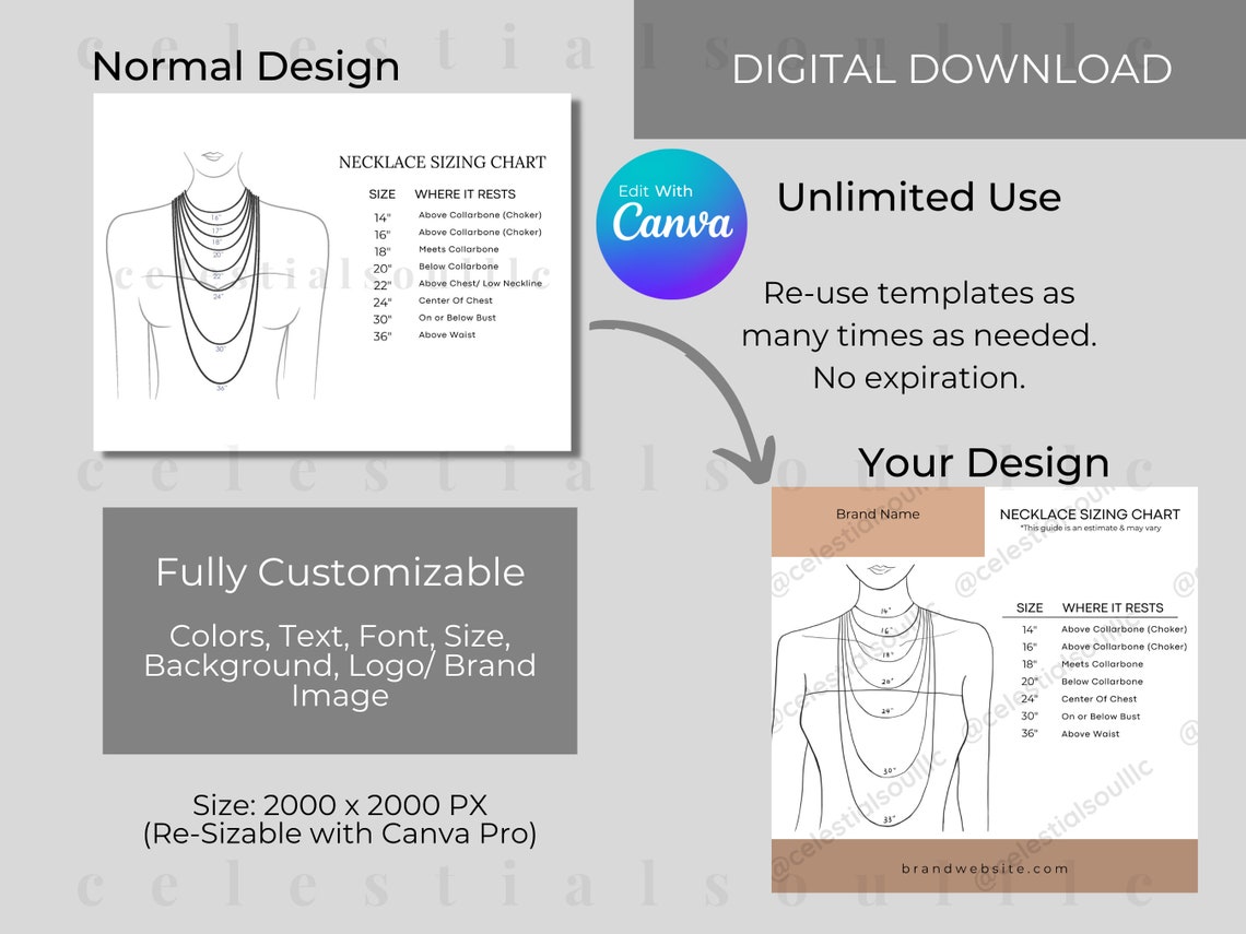 Necklace Chain Size Guide Necklace Chain Template Custom Canva Template ...