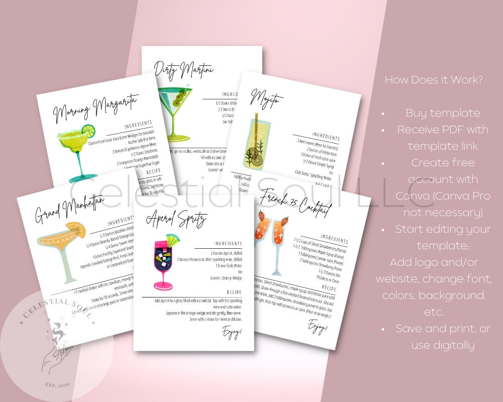 Drink Recipe Cards Printable DIY Bar Menu Editable Template Printable ...