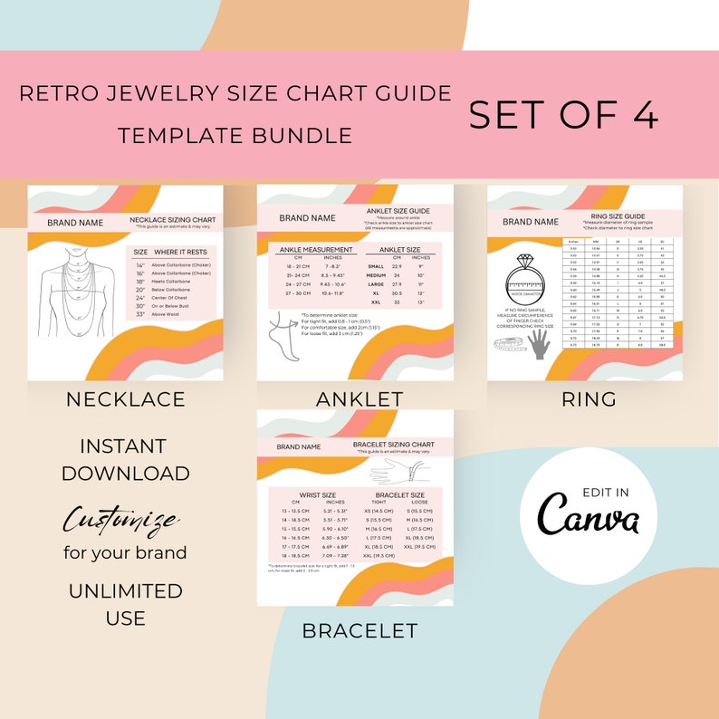 Retro Necklace Size Chart Template Canva Editable Jewelry Size Guide ...