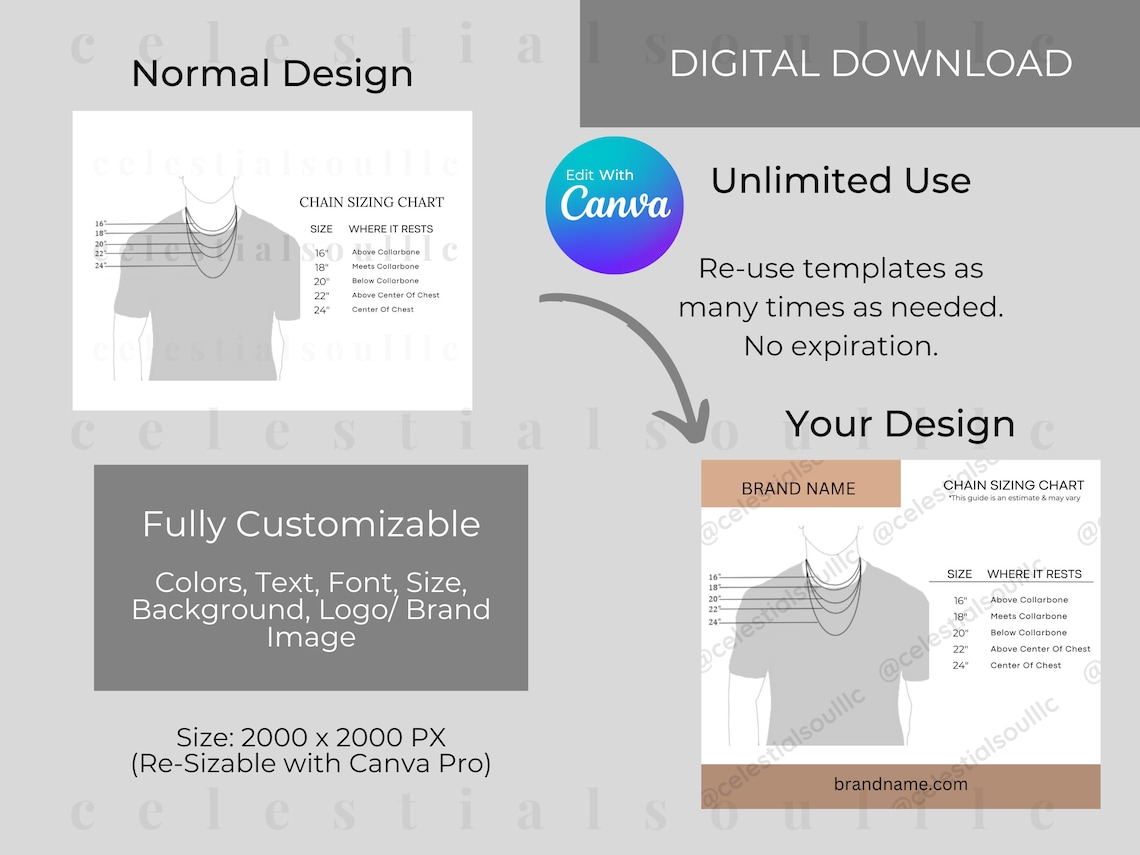 Mens Necklace Chain Size Guide Necklace Chain Template Custom Canva ...
