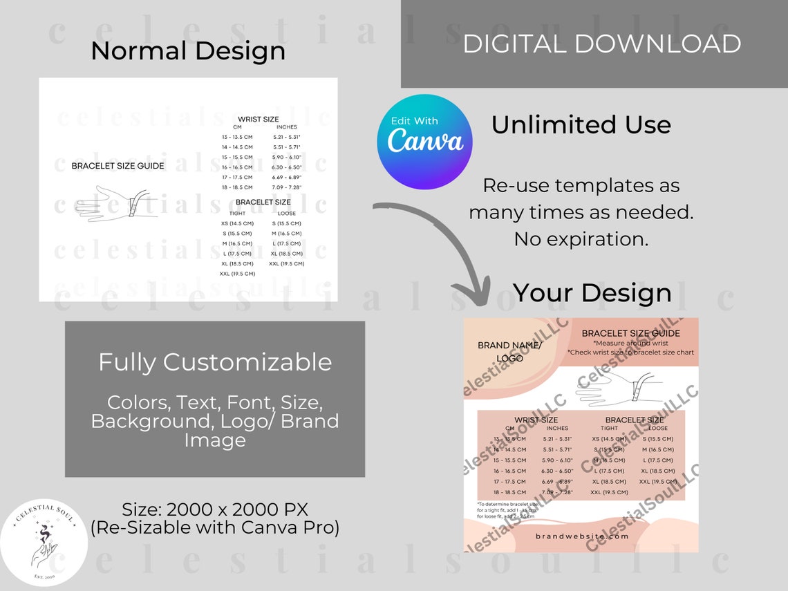 Bracelet Size Guide Necklace Bracelet Template Custom Canva Template ...