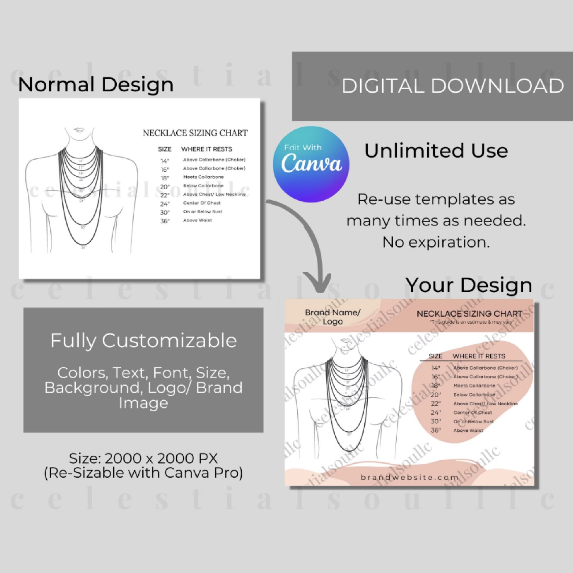 Necklace Chain Size Guide Necklace Chain Template Custom Canva Template ...