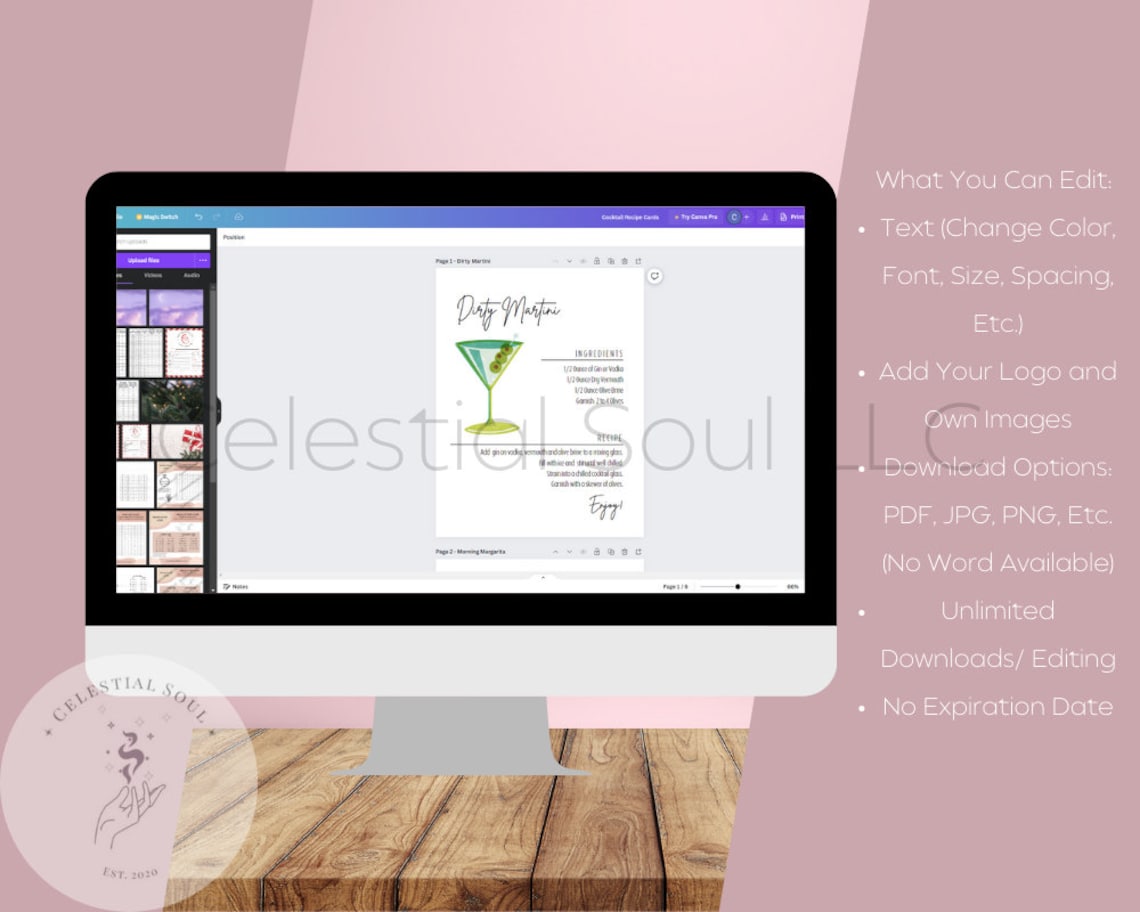 Drink Recipe Cards Printable DIY Bar Menu Editable Template Printable ...