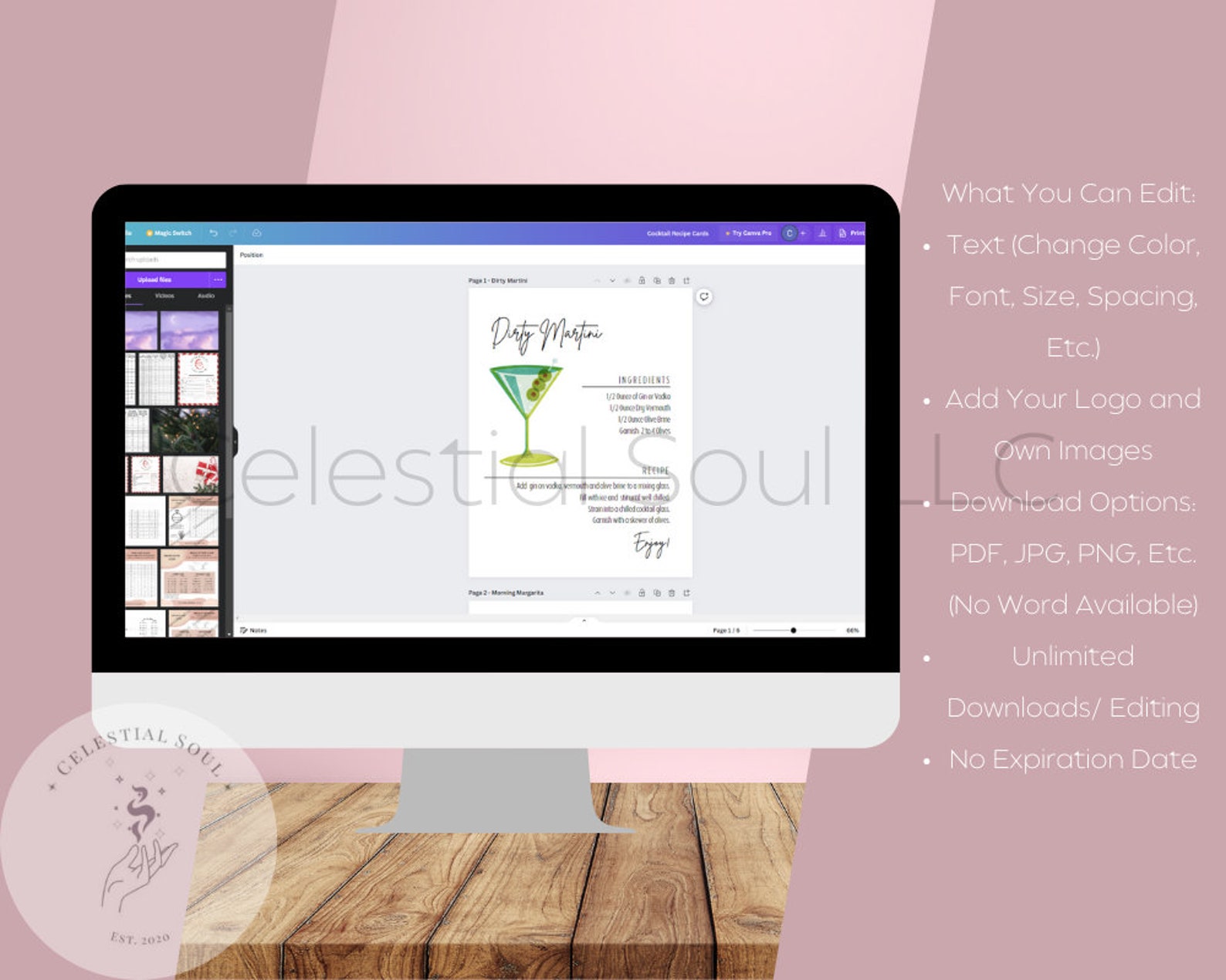 Drink Recipe Cards Printable DIY Bar Menu Editable Template Printable ...