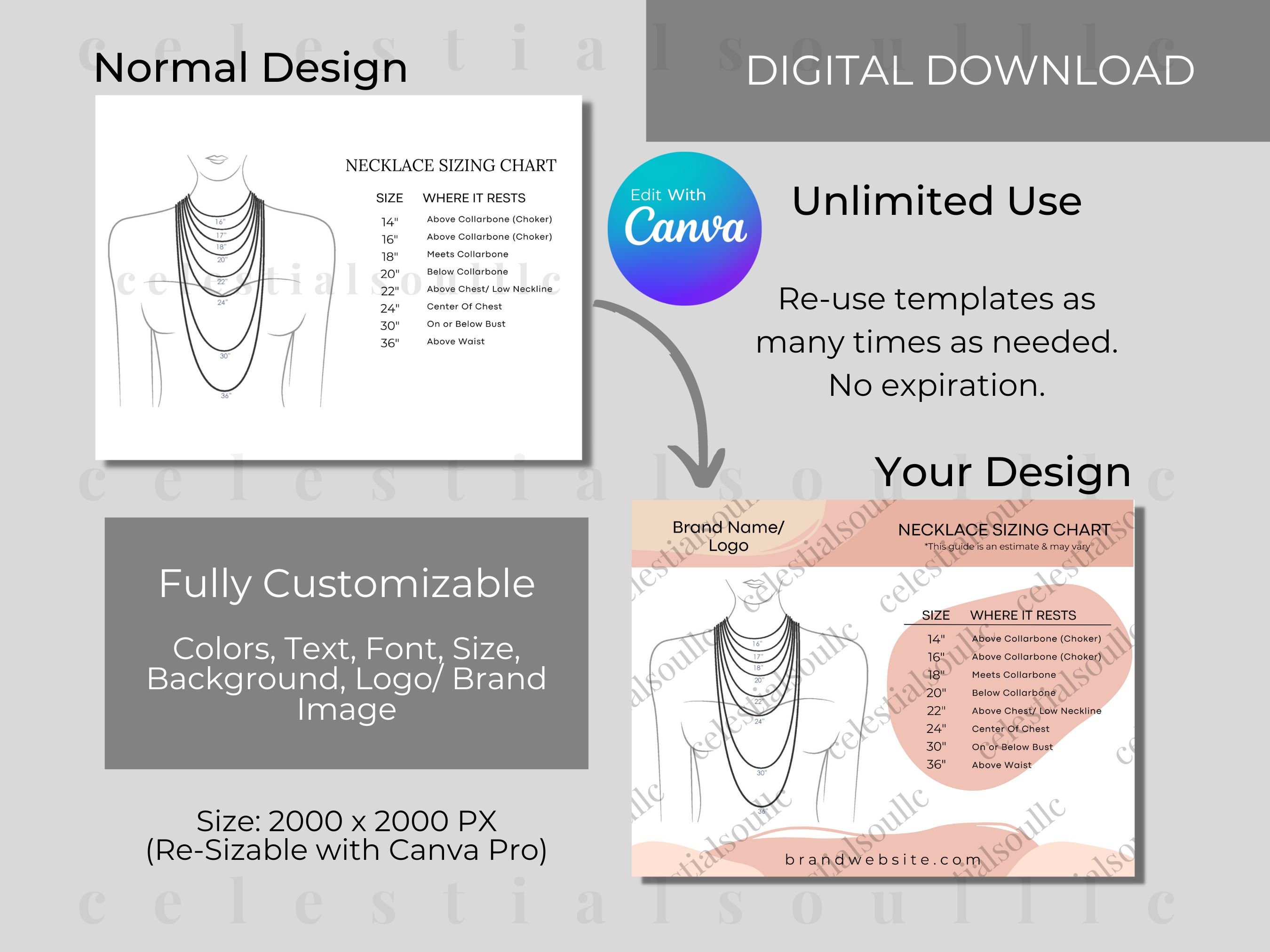Necklace Chain Size Guide Necklace Chain Template Custom Canva Template ...