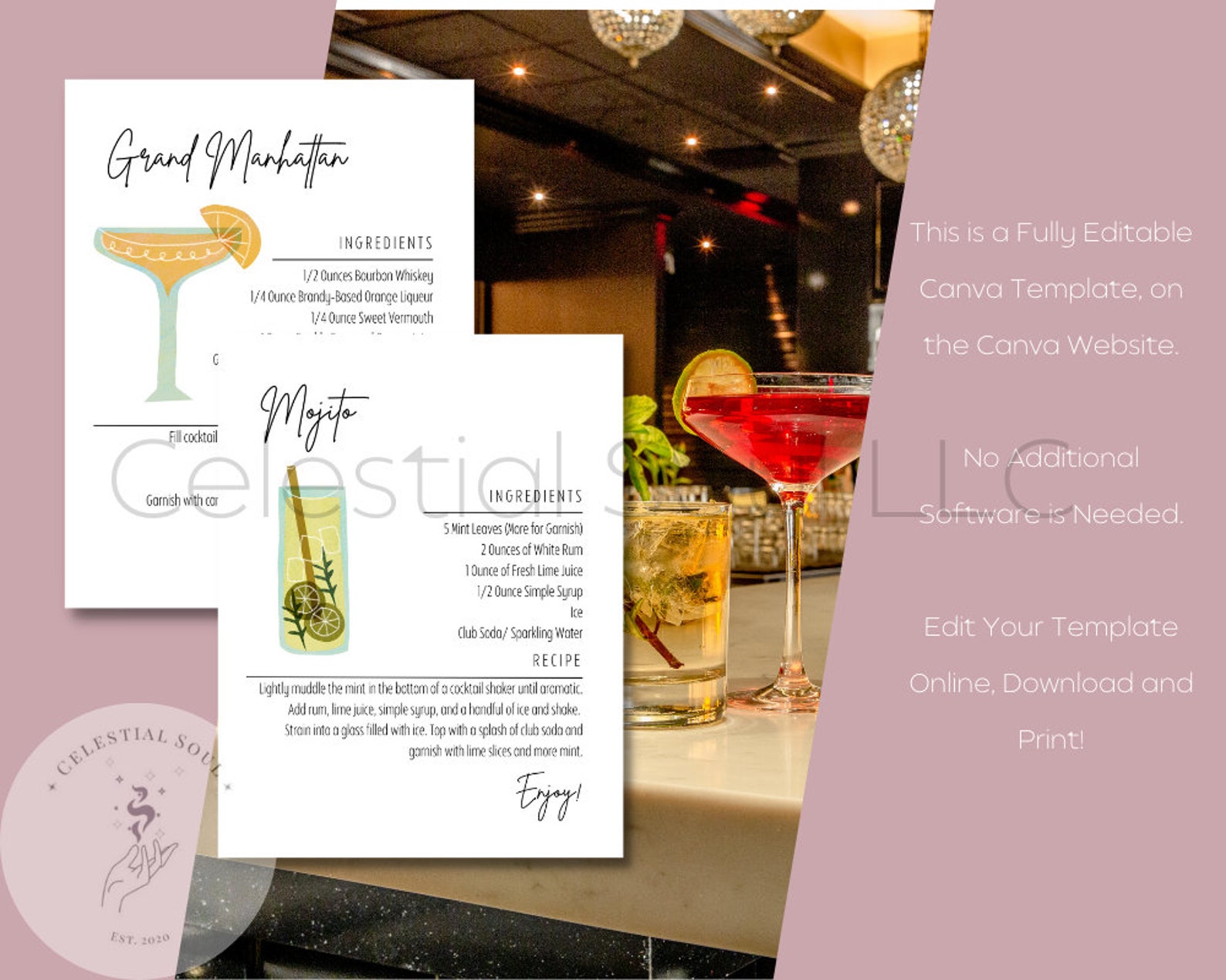 Drink Recipe Cards Printable DIY Bar Menu Editable Template Printable ...