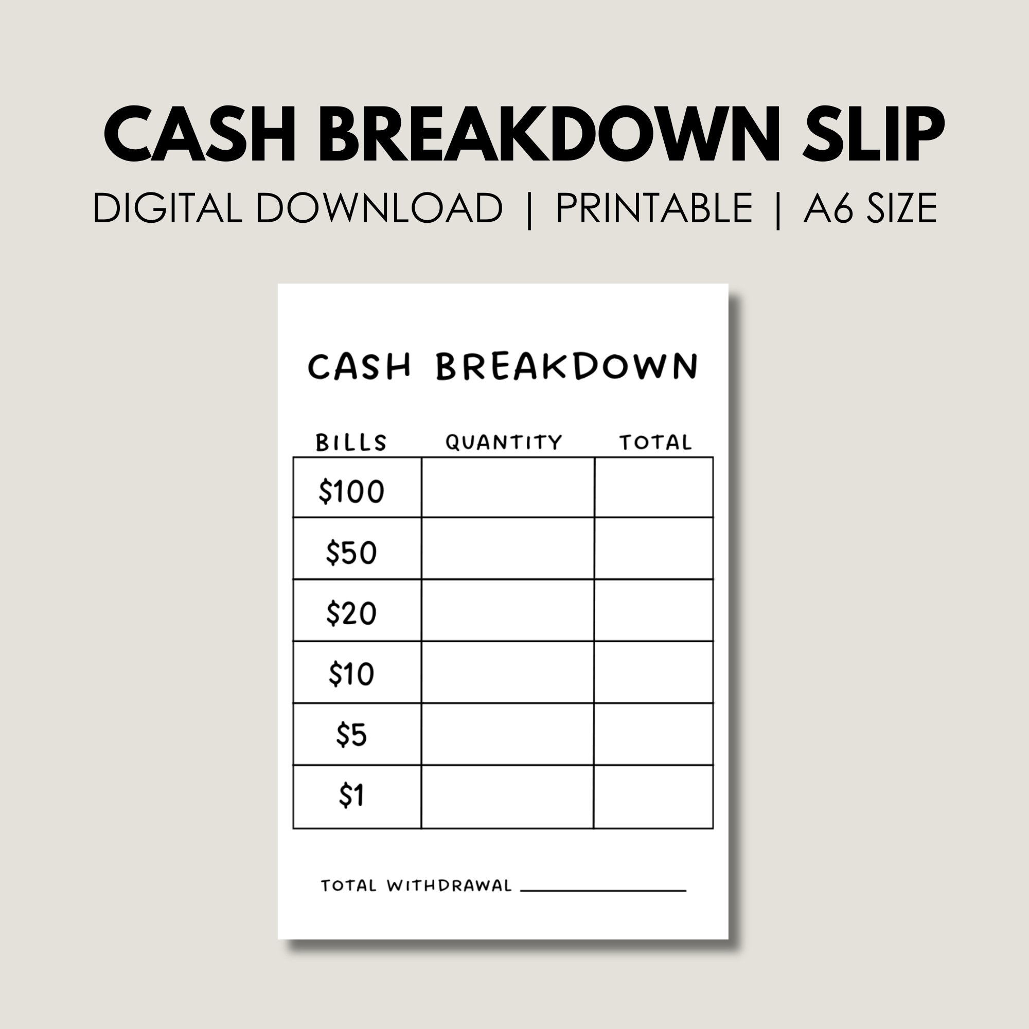Printable Cash Breakdown | Bank Teller Slips - Etsy