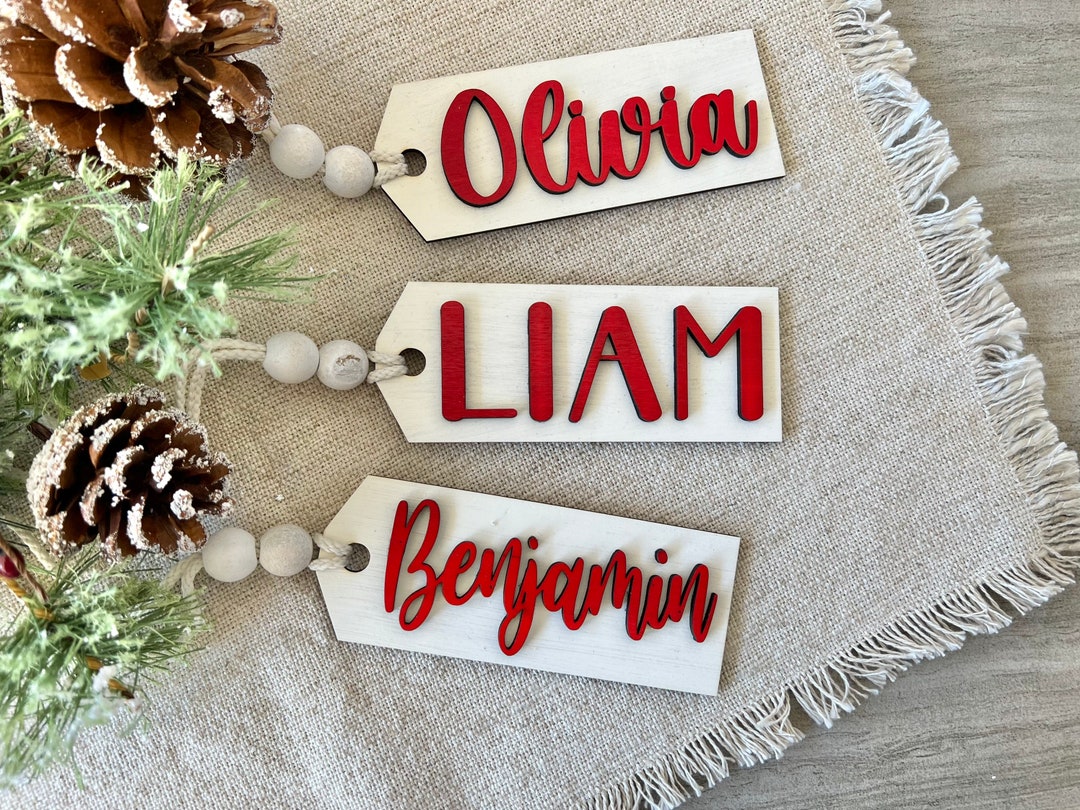 White Christmas Stocking Name Tags, Embroidered Name Tag With Wood ...