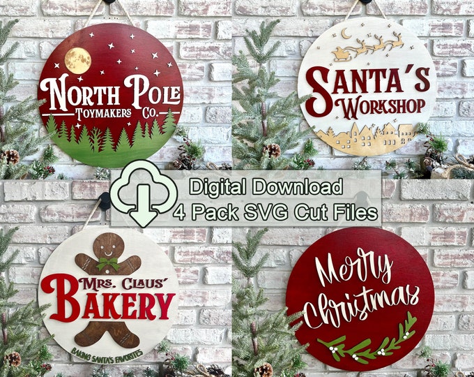 Digital Download 4 Christmas Signs SVG Files, Round Christmas Hanger ...