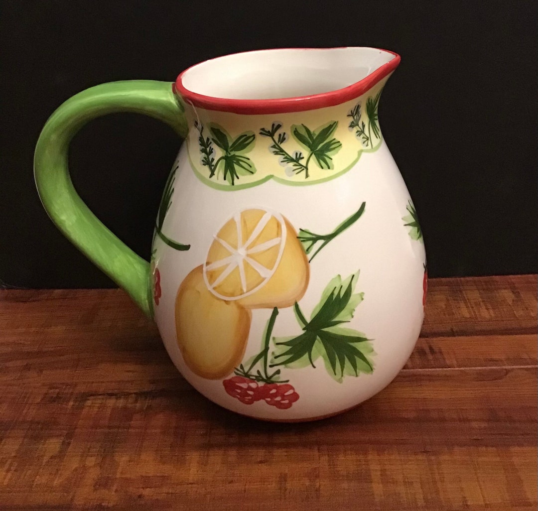 WCL Vintage Pitcher Fruits Lemons Serving Pitcher Juice Sangria 7” EUC ...