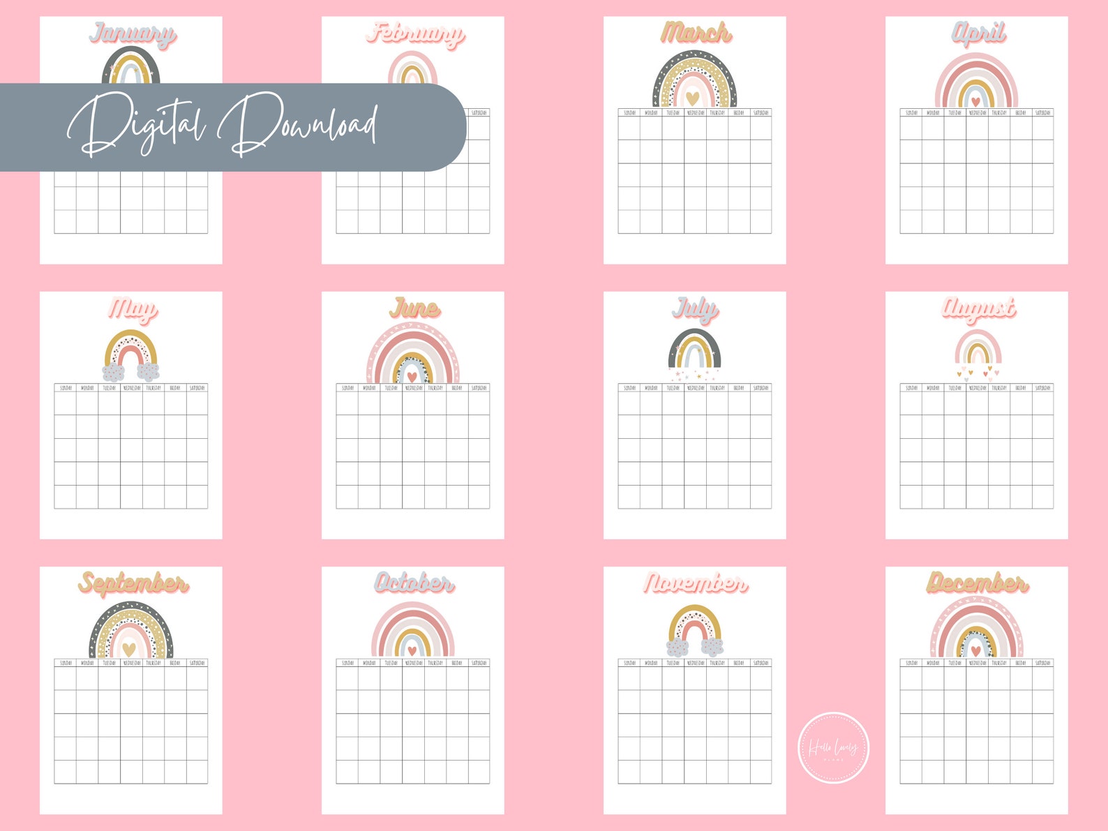 Undated Rainbow Calendar Printable Undated Calendar Printable 11 X 8.5 ...