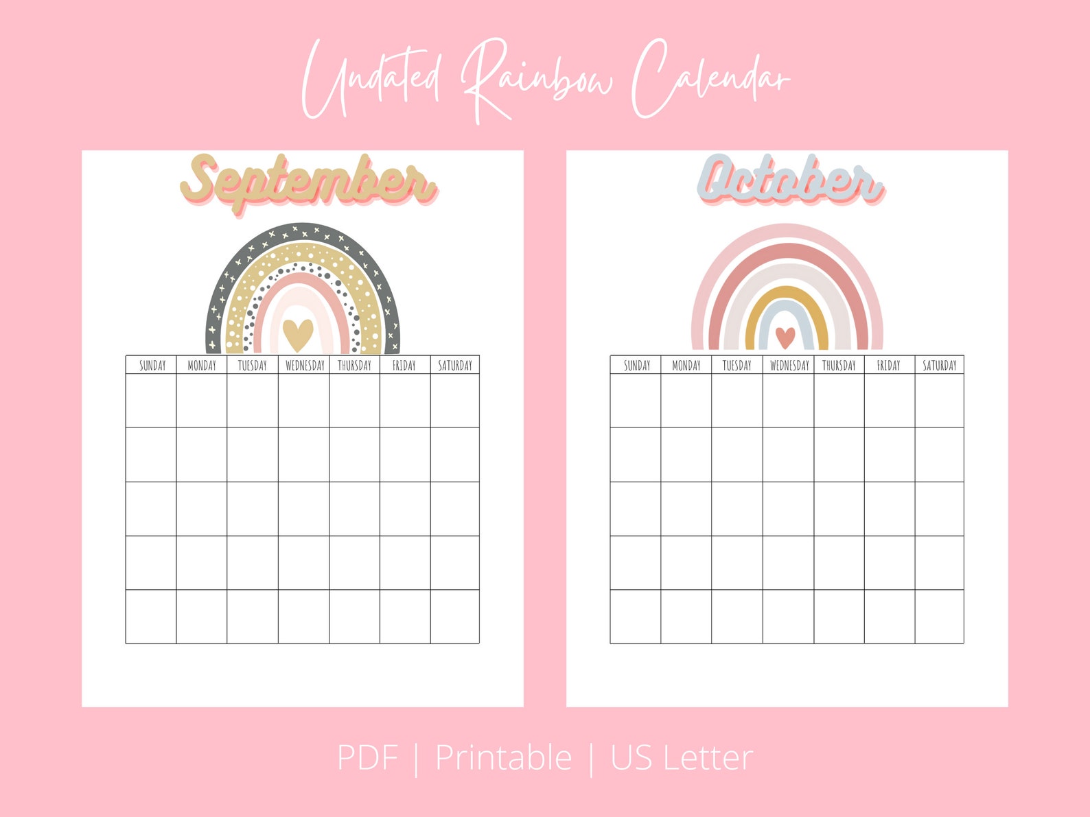 Undated Rainbow Calendar Printable Undated Calendar Printable 11 X 8.5 ...
