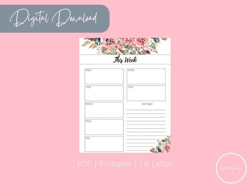 Undated Floral Weekly Planner Sheet Printable Undated Weekly Planner ...