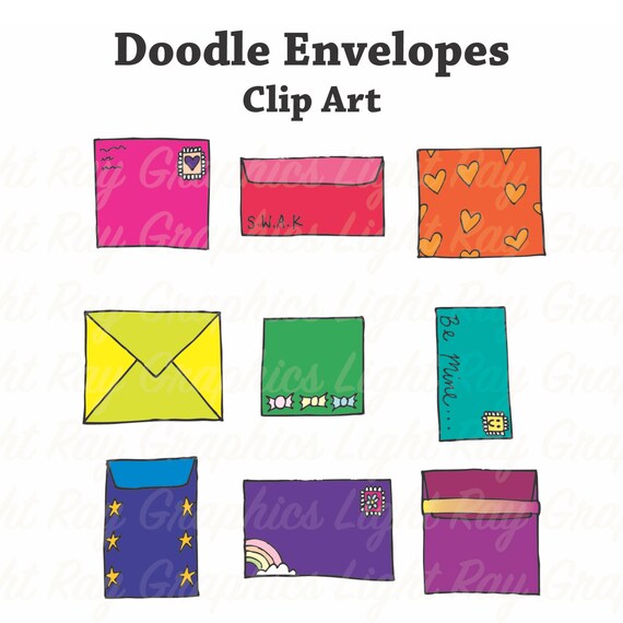 Rainbow Doodle Envelopes Clip Art Set PNG Files With | Etsy