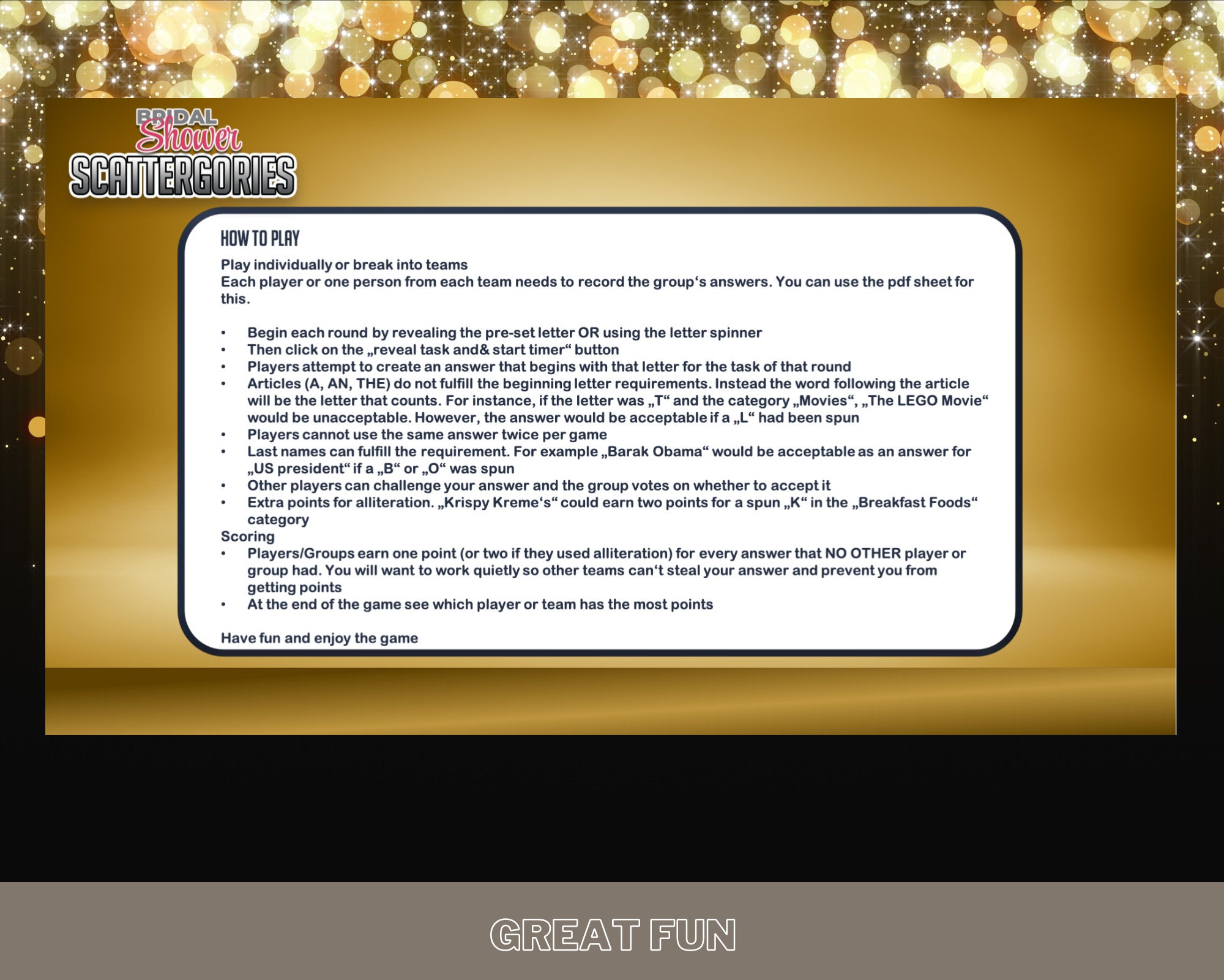 Scattergories Bridal Shower Game Powerpoint Game Party Game Family ...