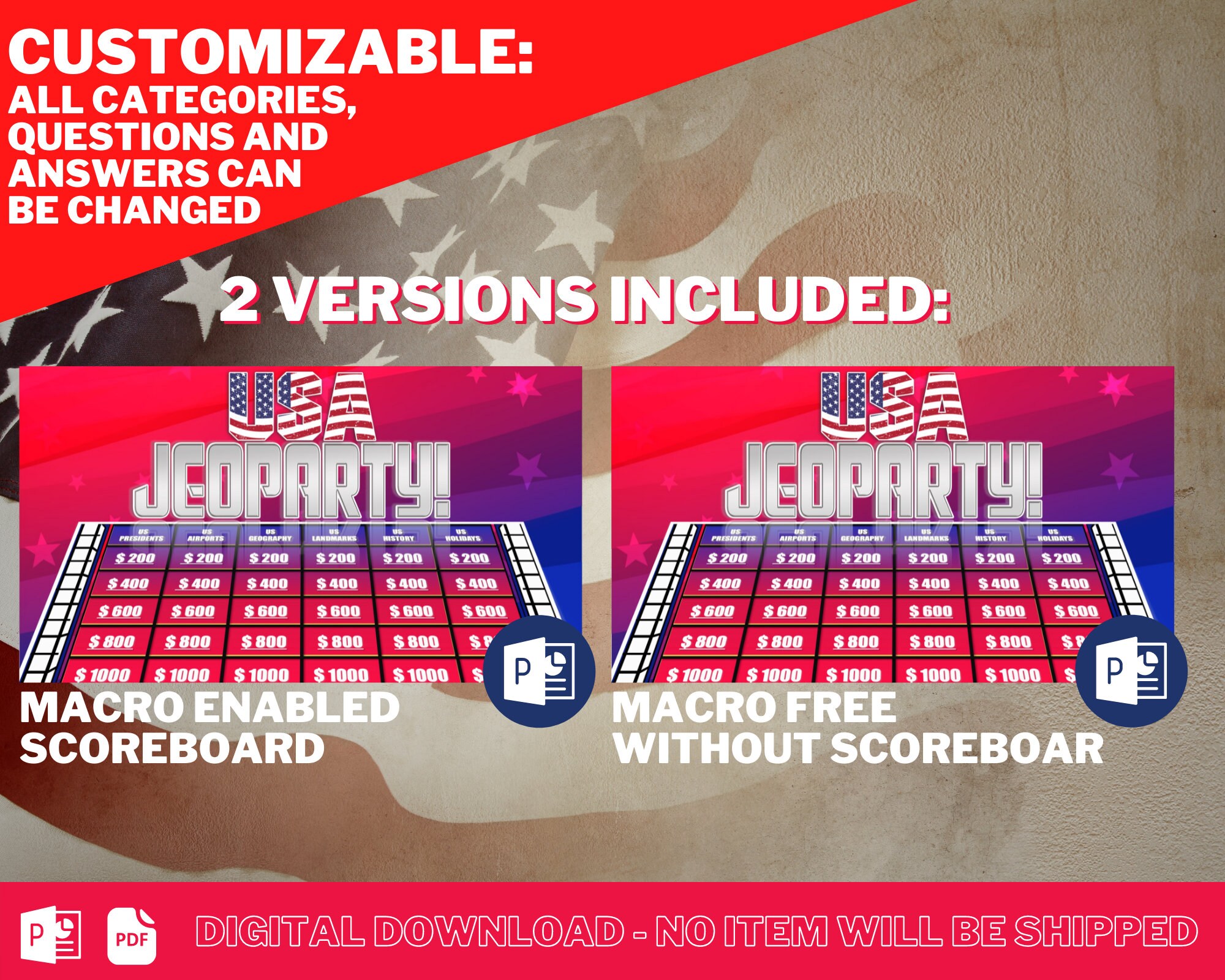 USA Jeoparty | Americana Powerpoint Game | 4th of July Game | Memorial ...