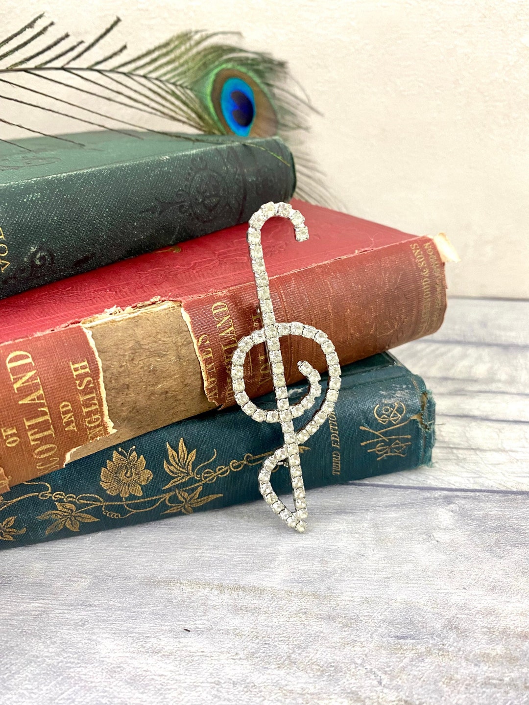 Broche de musique vintage clair strass clef aigu / épingle de note de ...
