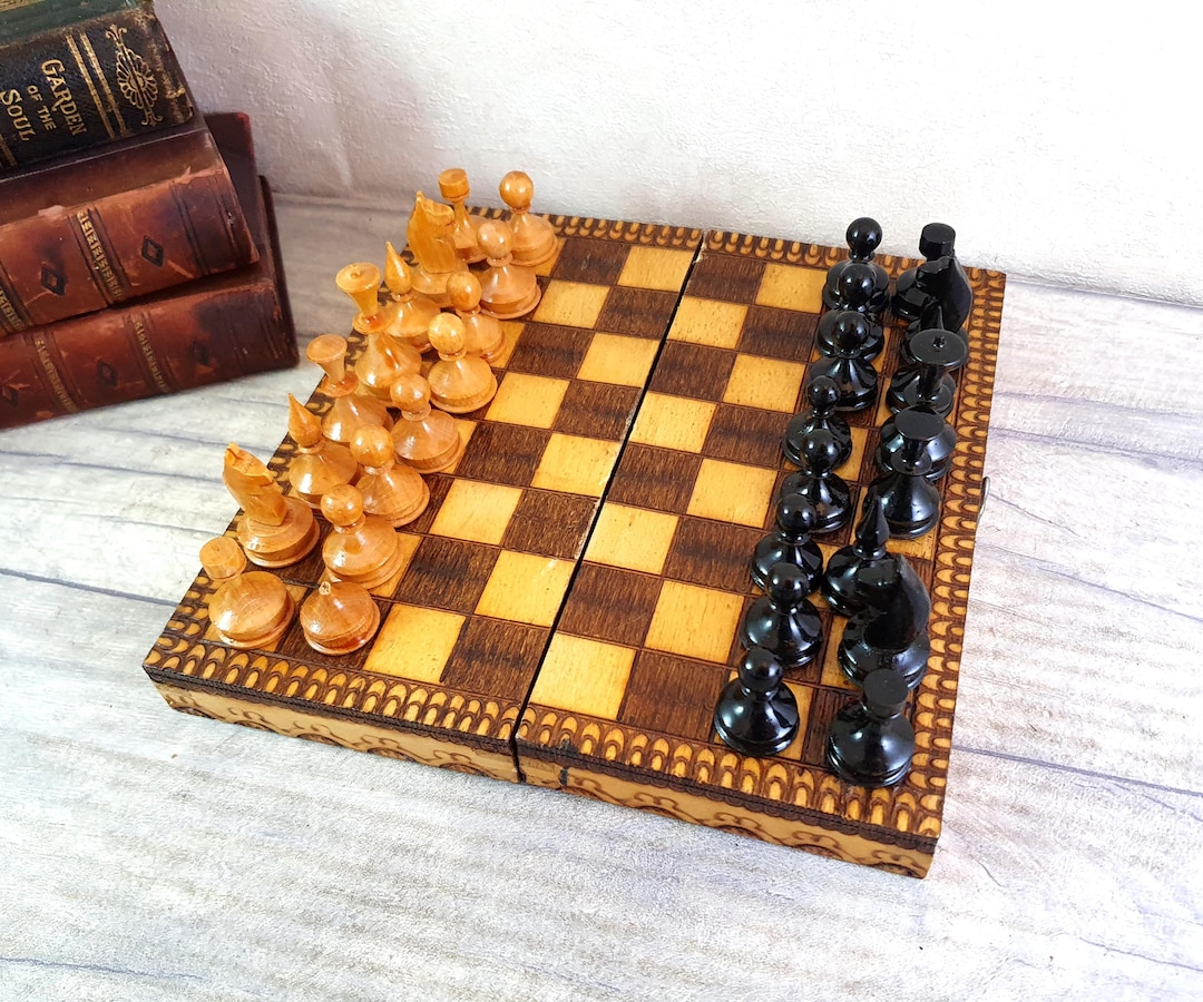Vintage Wooden Travel Chess Set, Pyrography Engraved Chess Board and ...