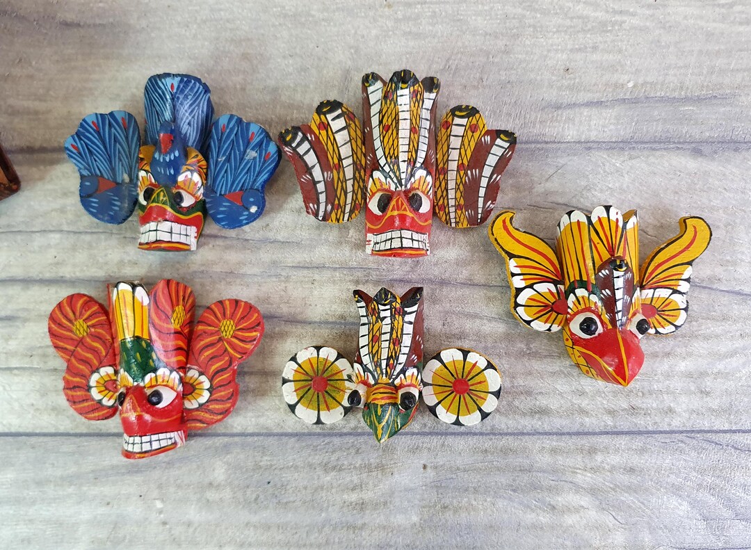 A Set of Five Small Sri Lankan Wooden Hand Carved Traditional Gara Yaka ...